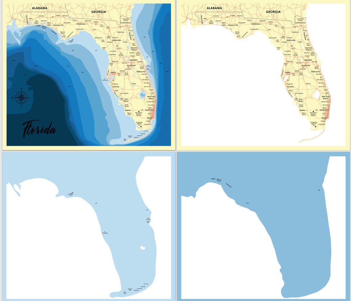 Digital File PDF, SVG - Florida State, Bathymetric Depth Layers SVG ...
