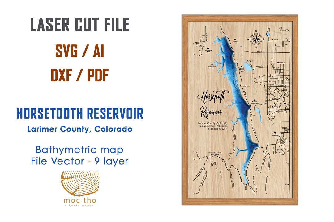Digital File PDF, SVG - Horsetooth Reservoir Colorado Bathymetric Depth ...
