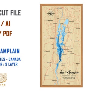 Digital File PDF, SVG - Lake Champlain Map Bathymetric Depth Layers SVG ...