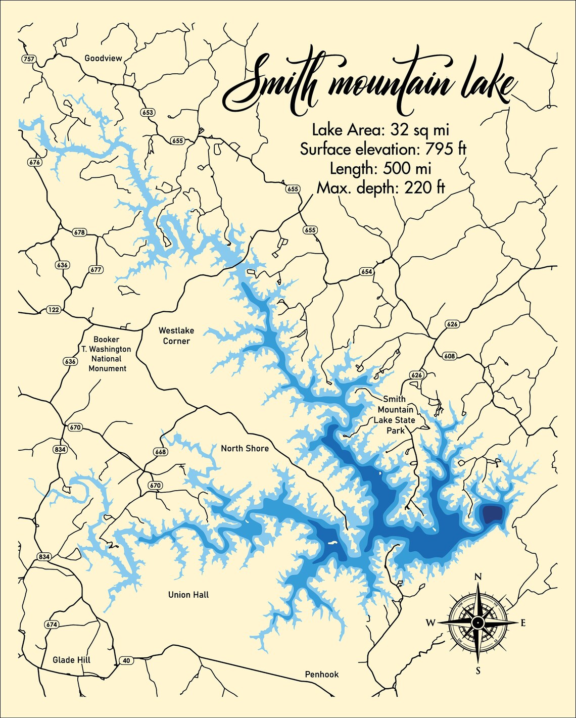 Digital File PDF, SVG - Smith Moutain Lake Map Bathymetric Depth Layers ...