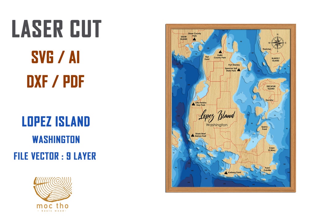 Digital File PDF, SVG - Lopez Island Washington Bathymetric Depth ...