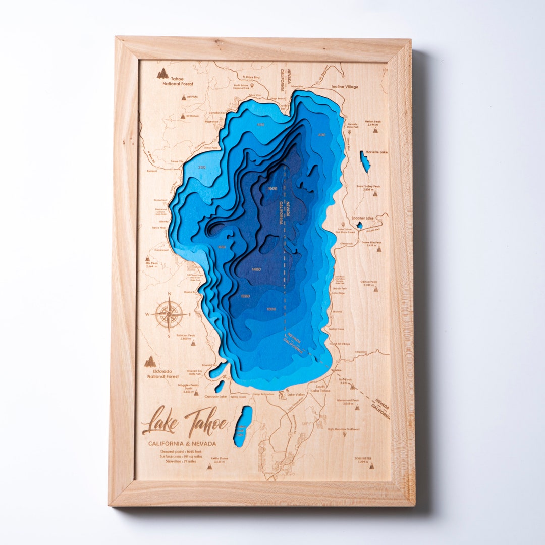 Tahoe Lake 9 Layer Map Wood Bathymetric Map , Custom Wood Lake Map ...
