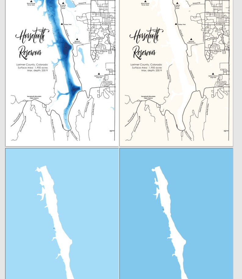 Digital File PDF, SVG - Horsetooth Reservoir Colorado Bathymetric Depth ...