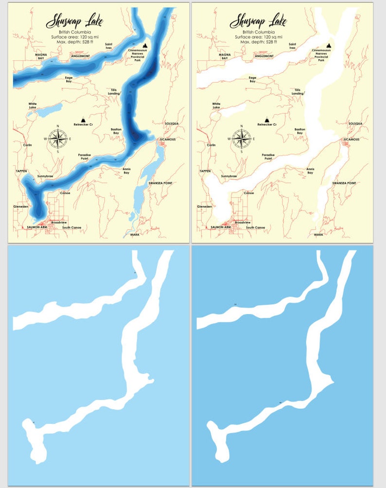 Digital File PDF, SVG - Shuswap Lake British Columbia Bathymetric Depth ...