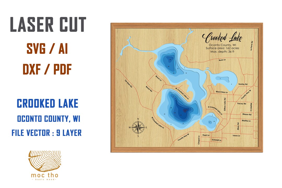 Digital File PDF, SVG - Crooked Lake, Wisconsin Map Bathymetric Depth ...