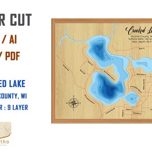 Digital File PDF, SVG - Crooked Lake, Wisconsin Map Bathymetric Depth ...