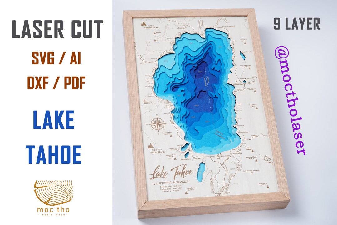 Digital File DXF, AI, SVG - Tahoe Lake Map Wood Bathymetric Map ...