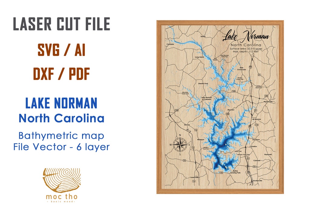 Digital File PDF, SVG - Lake Norman North Carolina, Bathymetric Depth ...