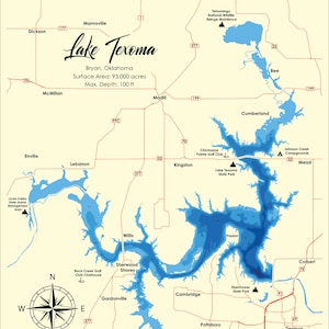 Digital File PDF, SVG Lake Texoma Bryan Oklahoma, Bathymetric Depth ...