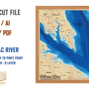 Digital File PDF, SVG - Potomac River Map Bathymetric Depth Layers SVG ...