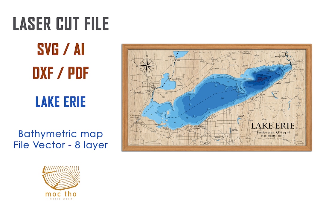 Digital File DXF, AI, SVG - Lake Erie Map Wood Bathymetric Map , Custom ...