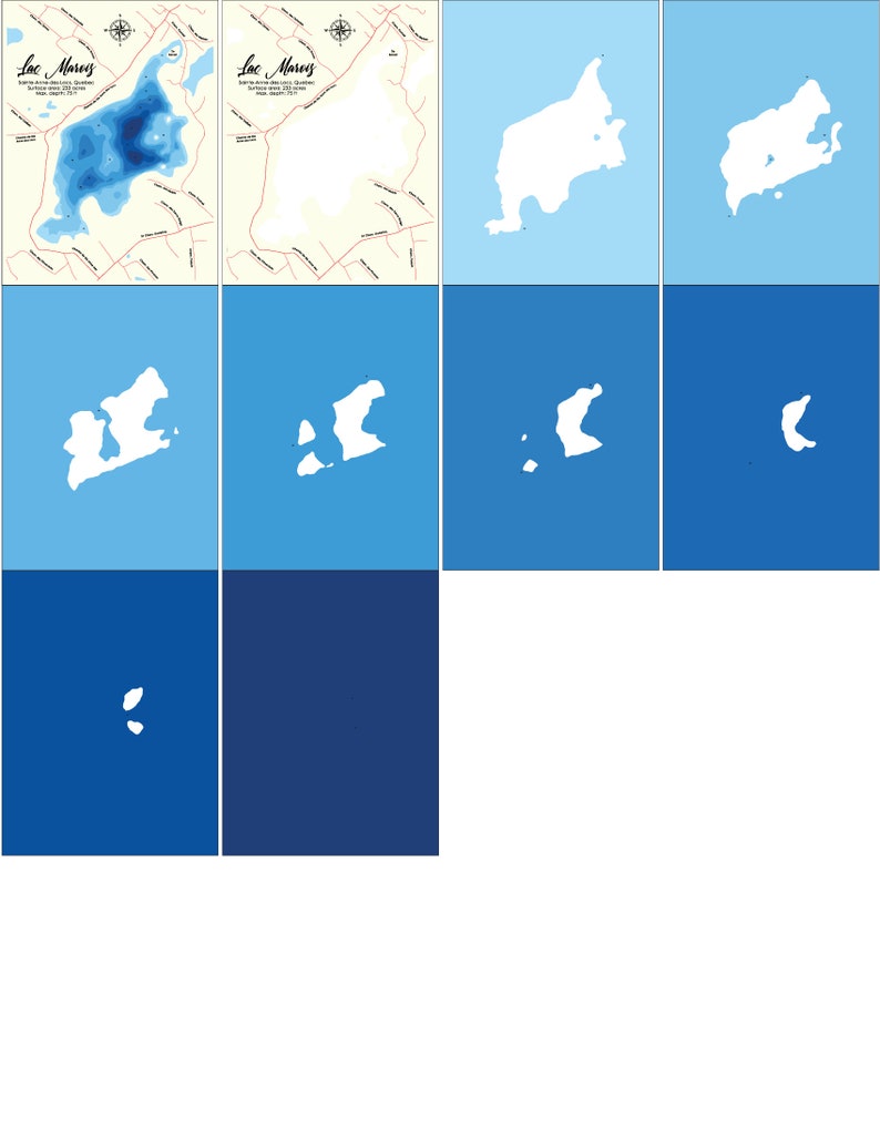 Digital File PDF, SVG - Lac Marois Quebec Map Bathymetric Depth Layers ...