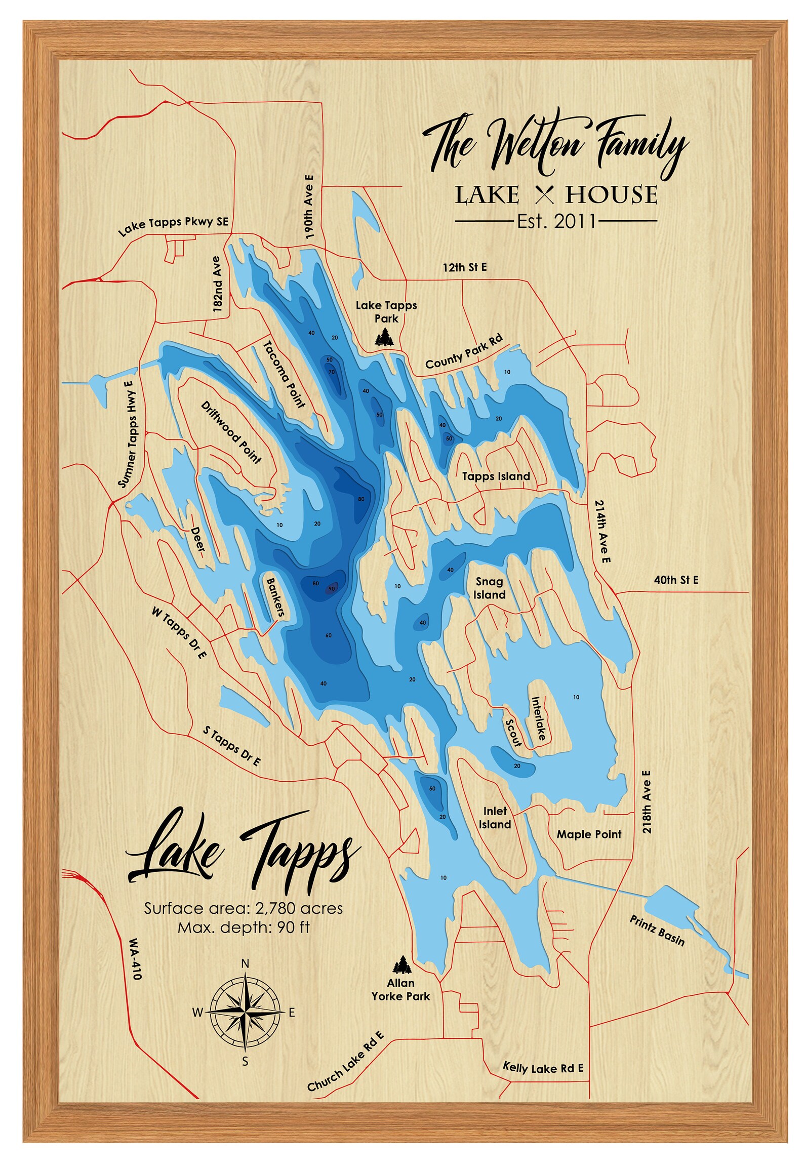 Digital File PDF, SVG -lake Tapps Washington Map Bathymetric Depth ...