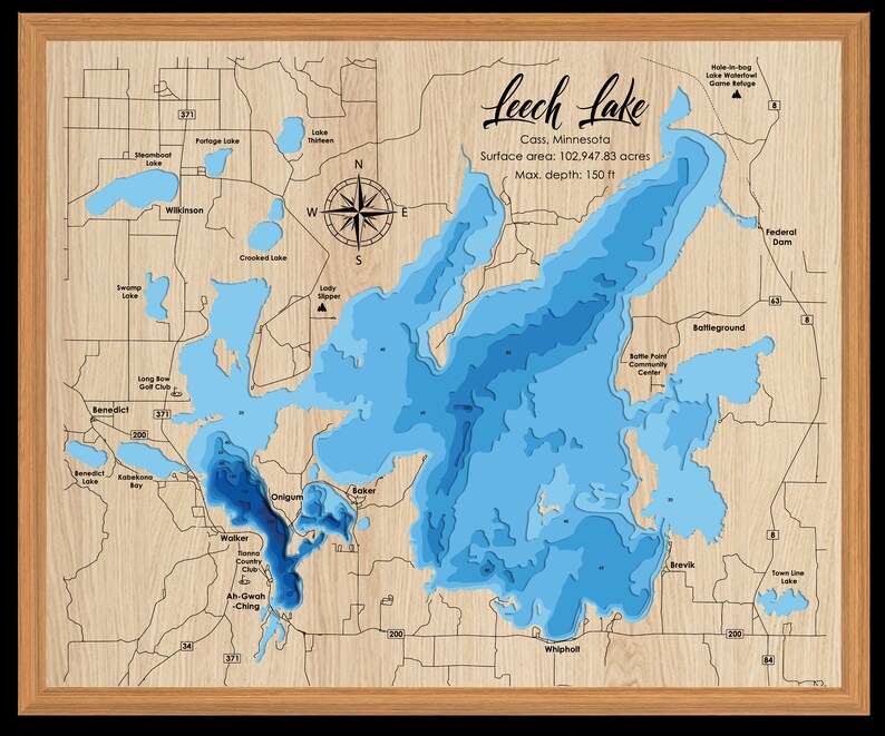 Digital File PDF, SVG - Leech Lake Cass County Minnesota , Bathymetric ...