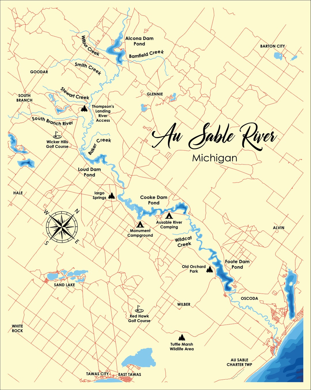 Digital File PDF, SVG Au Sable River Map, Bathymetric Depth Layers SVG ...