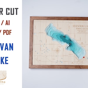 Digital File DXF, AI, SVG - Sylvan Lake Alberta Map Wood Bathymetric ...