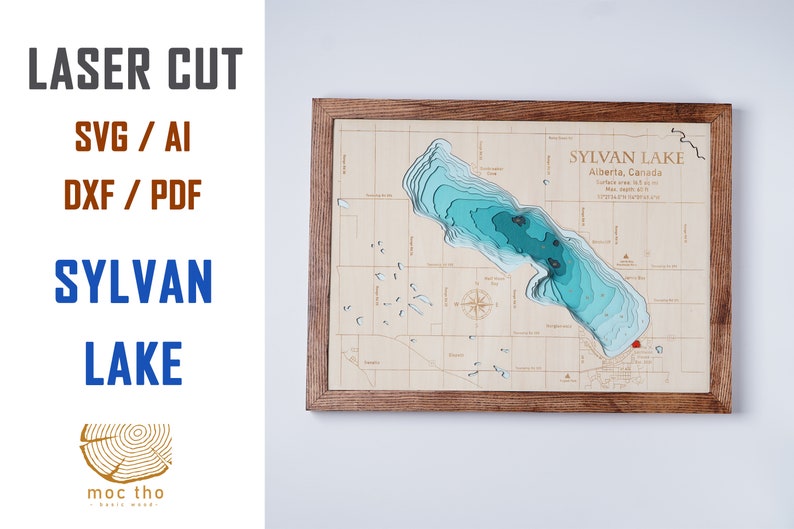 Digital File DXF, AI, SVG - Sylvan Lake Alberta Map Wood Bathymetric ...