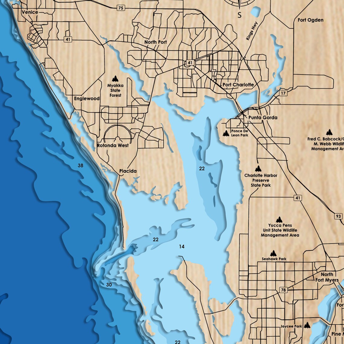 Digital File PDF, SVG - Charlotte Harbor Florida, Bathymetric Depth ...
