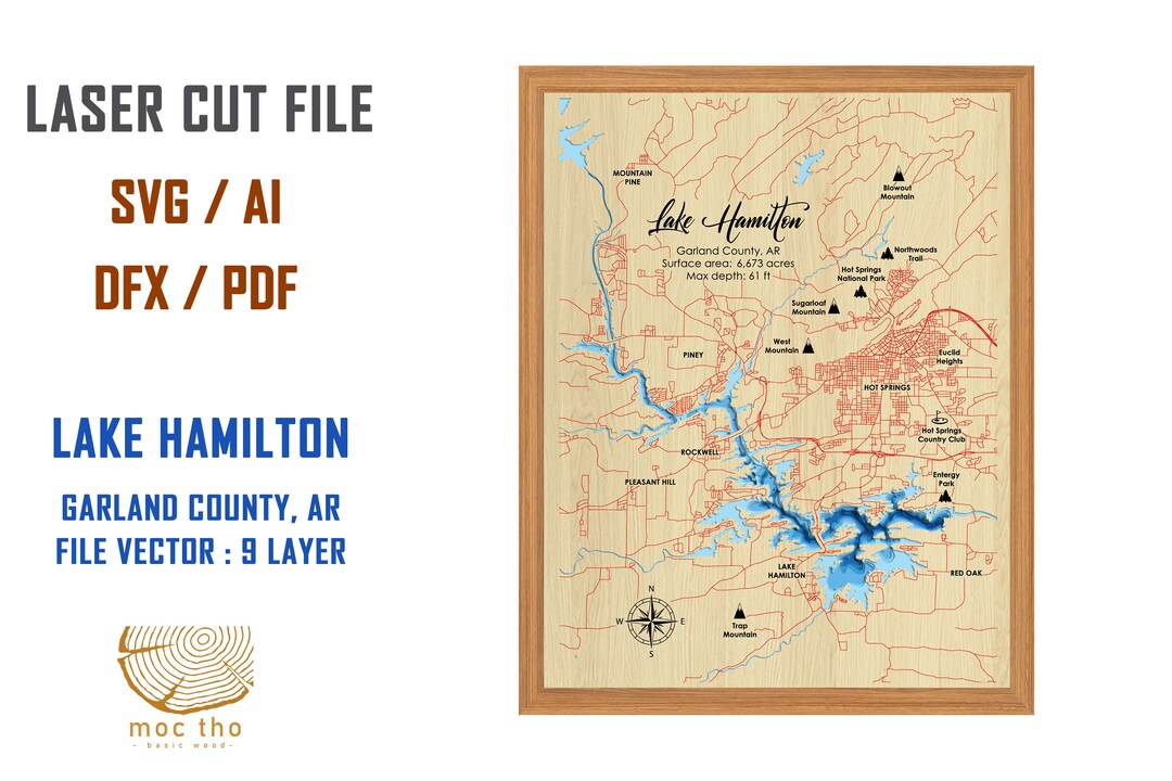 Digital File PDF, SVG - Lake Hamilton Arkansas Map, Bathymetric Depth ...