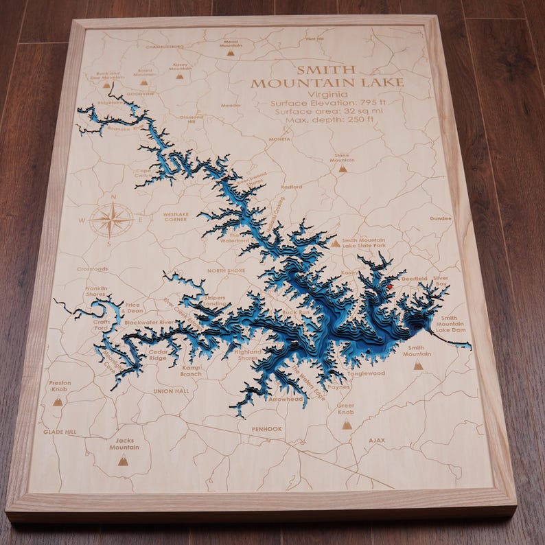 Smith Mountain Lake 9 Layer Map Wood Topographic, Custom Lake Map ...