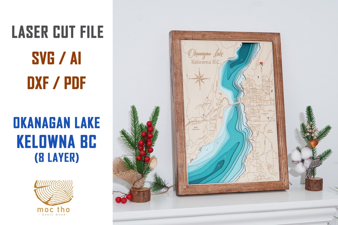 Digital File PDF, SVG - Okanagan Lake Kelowna City Map Bathymetric ...