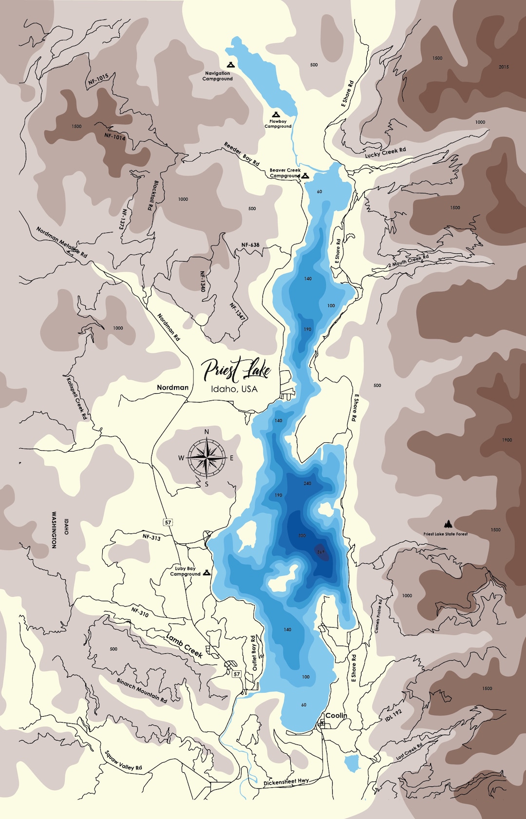 Digital File PDF, SVG Priest Lake Idaho Mountain Lake Map, Bathymetric ...