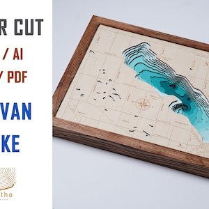 Digital File DXF, AI, SVG - Sylvan Lake Alberta Map Wood Bathymetric ...