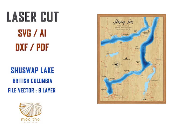 Digital File PDF, SVG - Shuswap Lake British Columbia Bathymetric Depth ...