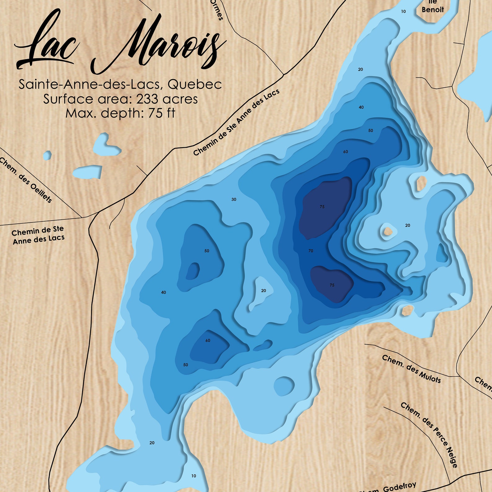 Digital File PDF, SVG - Lac Marois Quebec Map Bathymetric Depth Layers ...