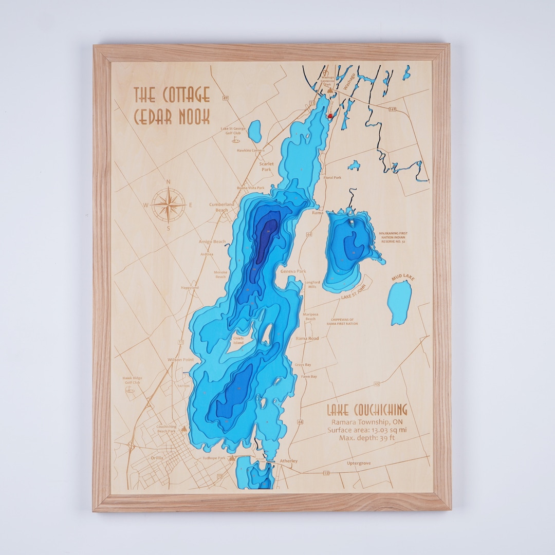 Lake Couchiching Ontario Wood Map 3D Custom Lake, Island, Coast Map ...
