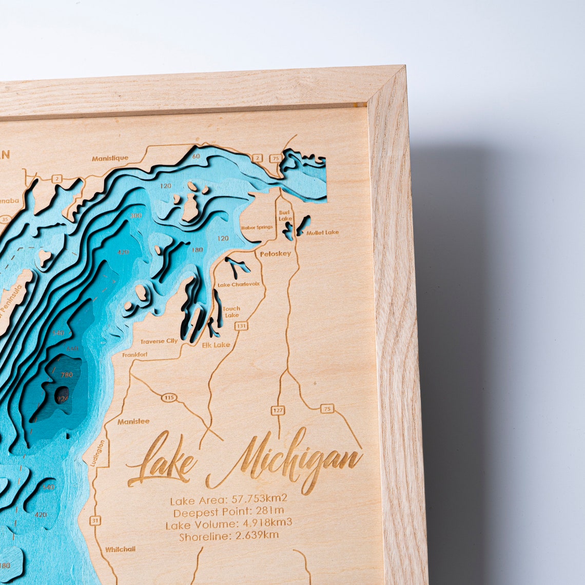 Digital File DXF, AI, SVG - Michigan Lake Map Wood Bathymetric Map ...
