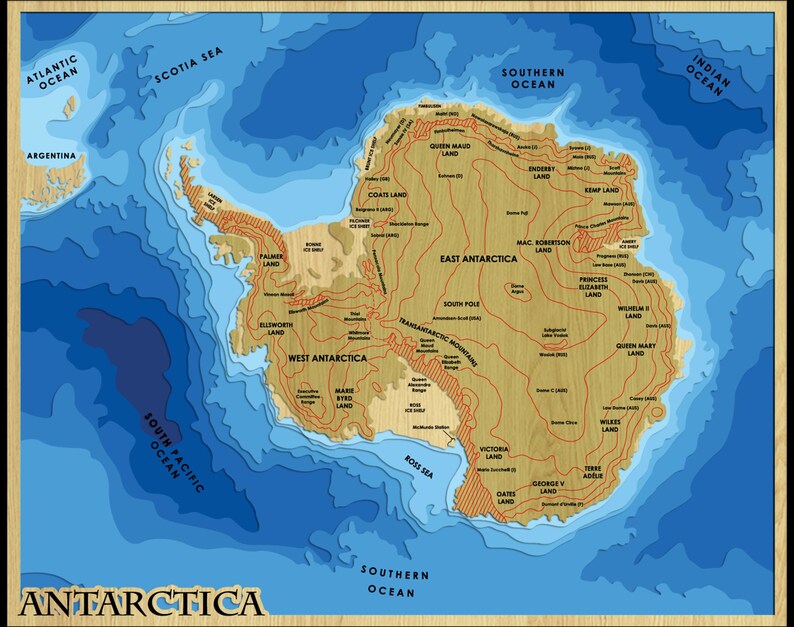 Digital File PDF, SVG - Antarctica Continent 3d Map, Bathymetric Depth ...