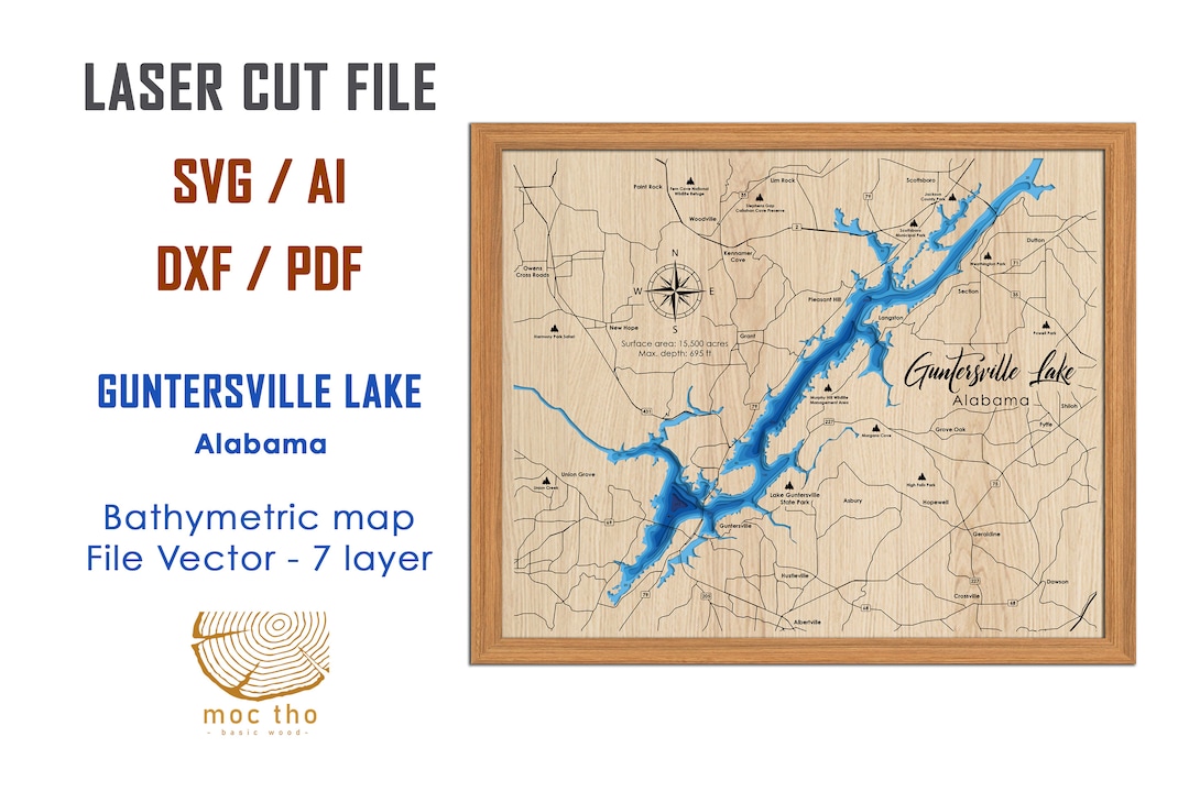 Digital File PDF, SVG - Guntersville Lake Alabama Bathymetric Depth ...