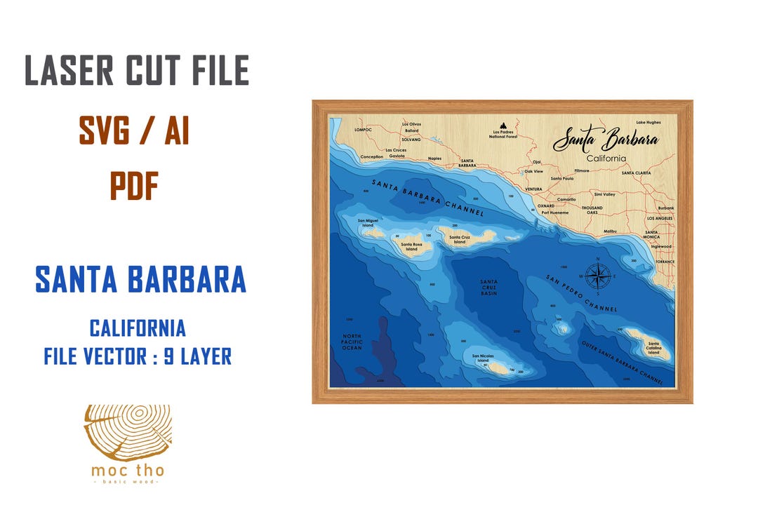 Digital File PDF, SVG - Santa Barbara California Bathymetric Depth ...