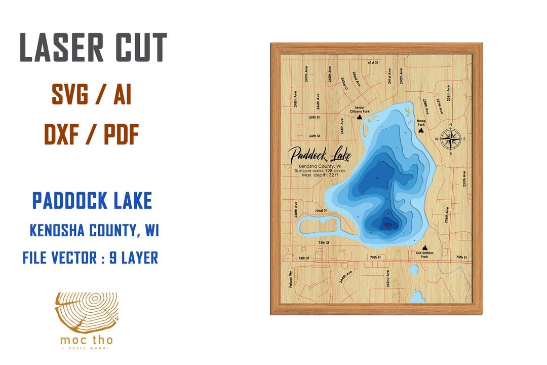 Digital File PDF, SVG Paddock Lake Wisconsin Bathymetric Depth Layers ...