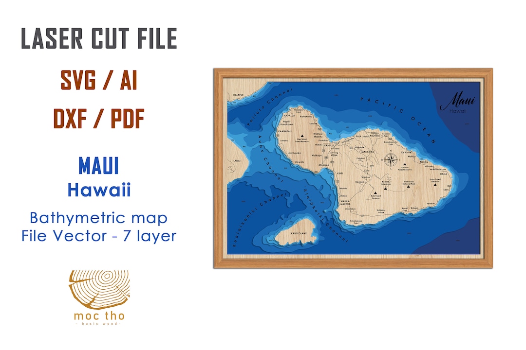 Digital File PDF, SVG - Maui Island of Hawaii Map Bathymetric Depth ...