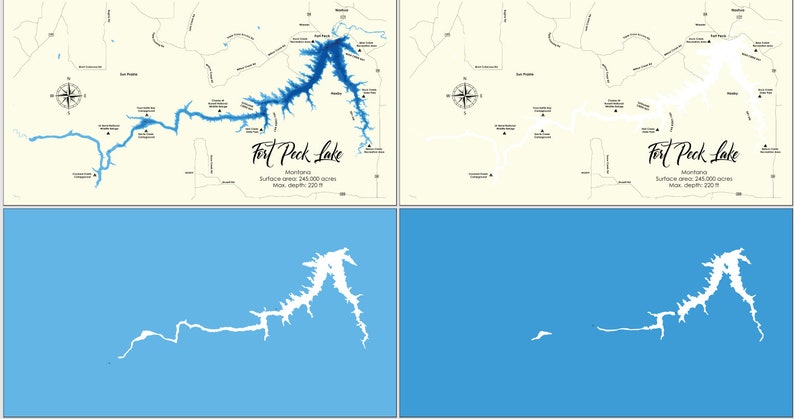 Digital File PDF, SVG - Fort Peck Lake Montana Bathymetric Depth Layers ...