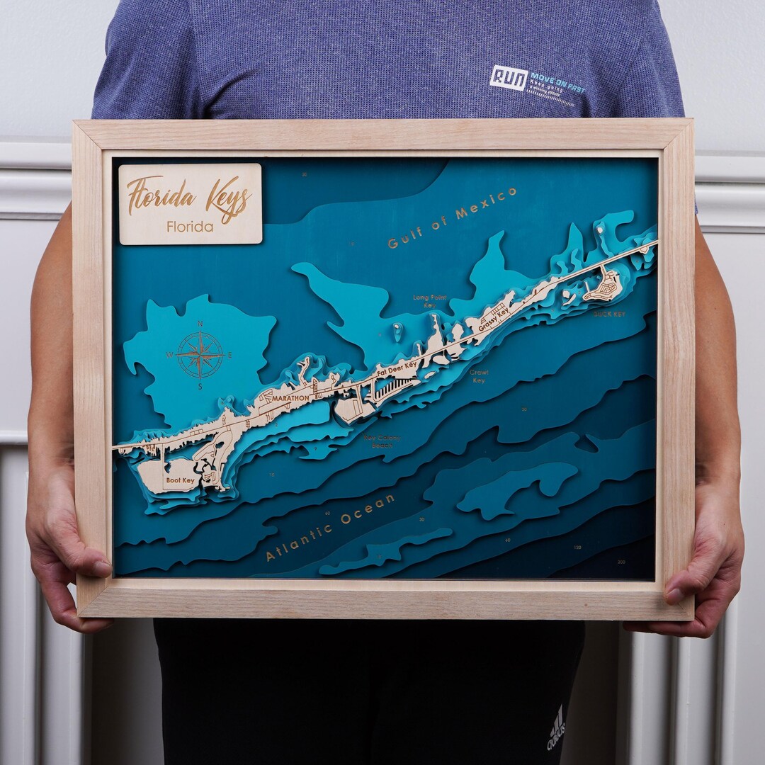 Florida Keys Wood Map 3D Custom Lake, Island, Coast Map Bathymetric Map ...