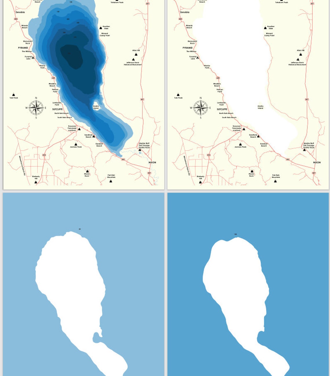 Digital File PDF, SVG - Pyramid Lake Nevada Map, Bathymetric Depth ...