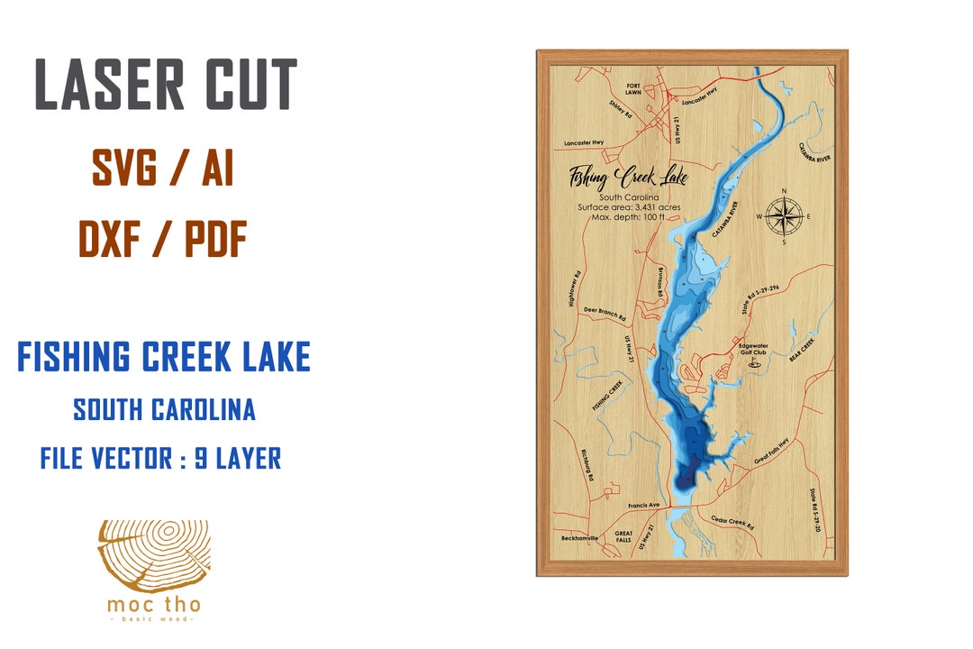 Digital File PDF, SVG - Fishing Creek Lake South Carolina Map ...