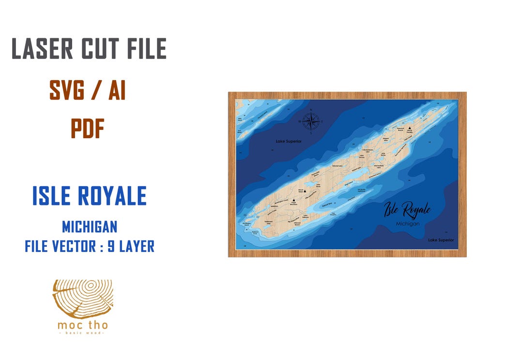 Digital File PDF, SVG - Isle Royale Lake Superior Bathymetric Depth ...