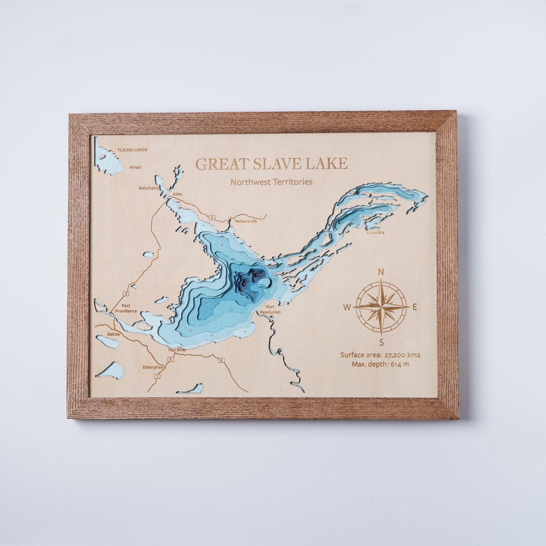 Moctho Great Slave Lake NT, Canada Map 3D Wood Bathymetric 10 Layer ...