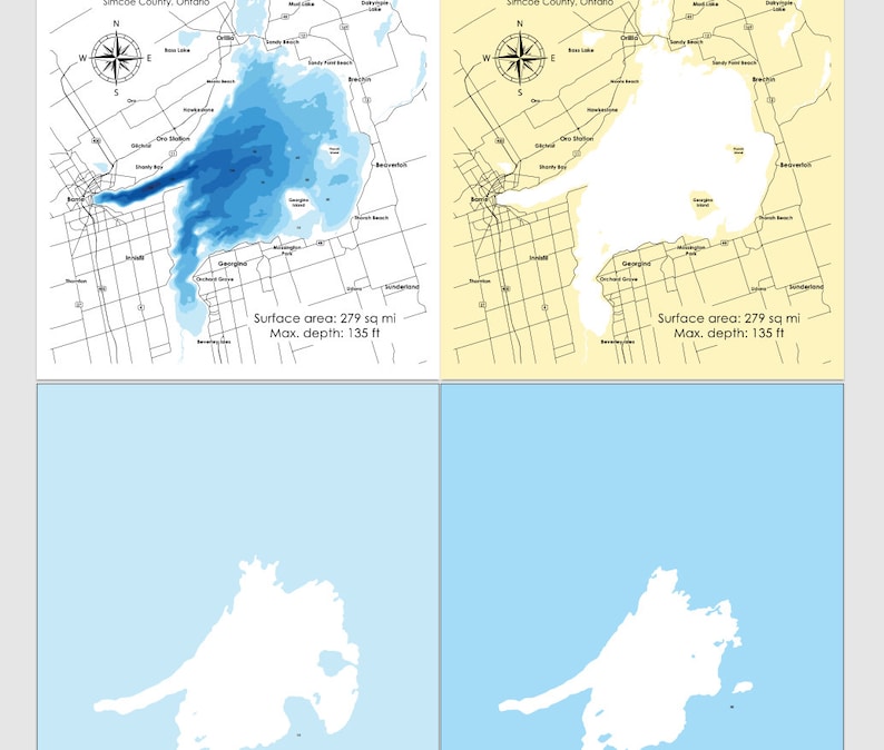 Digital File PDF, SVG - Lake Simcoe Ontario, Bathymetric Depth Layers ...