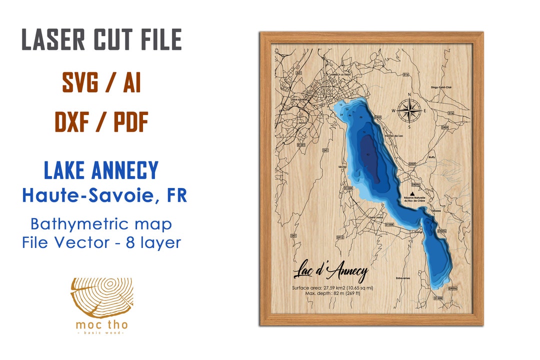 Digital File PDF, SVG Lake Annecy France Map, Bathymetric Depth Layers ...