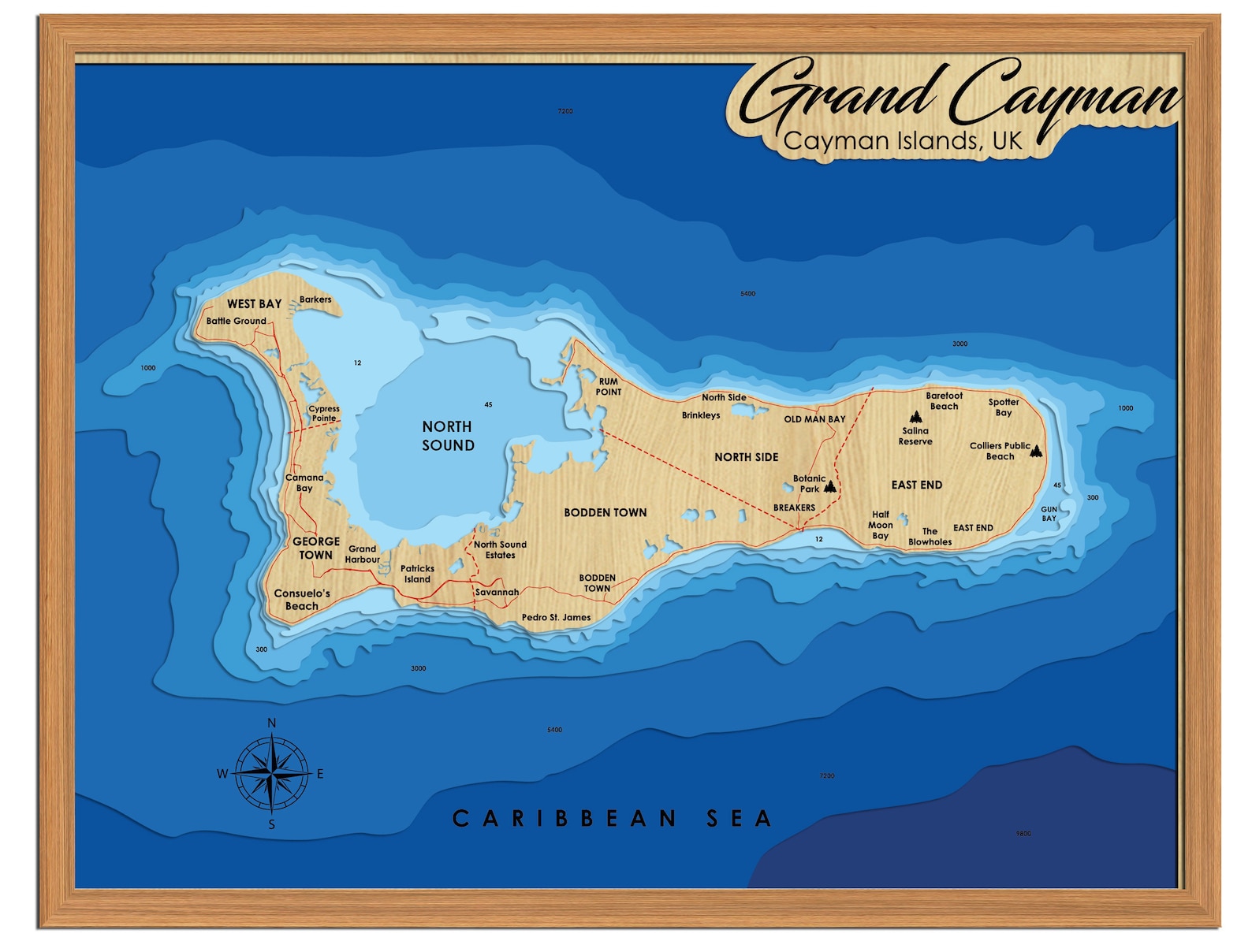 Digital File PDF, SVG - Grand Cayman, Cayman Islands Map Bathymetric ...