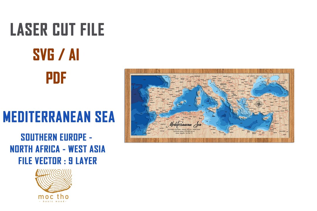 Digital File PDF, SVG - Mediterranean Sea Bathymetric Depth Layers SVG ...