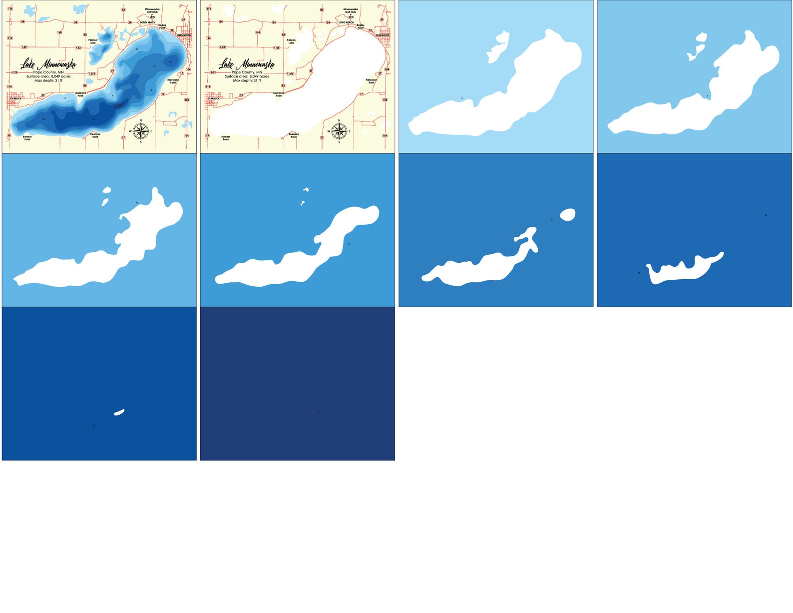 Digital File PDF, SVG - Lake Minnewaska Minnesota Bathymetric Depth ...