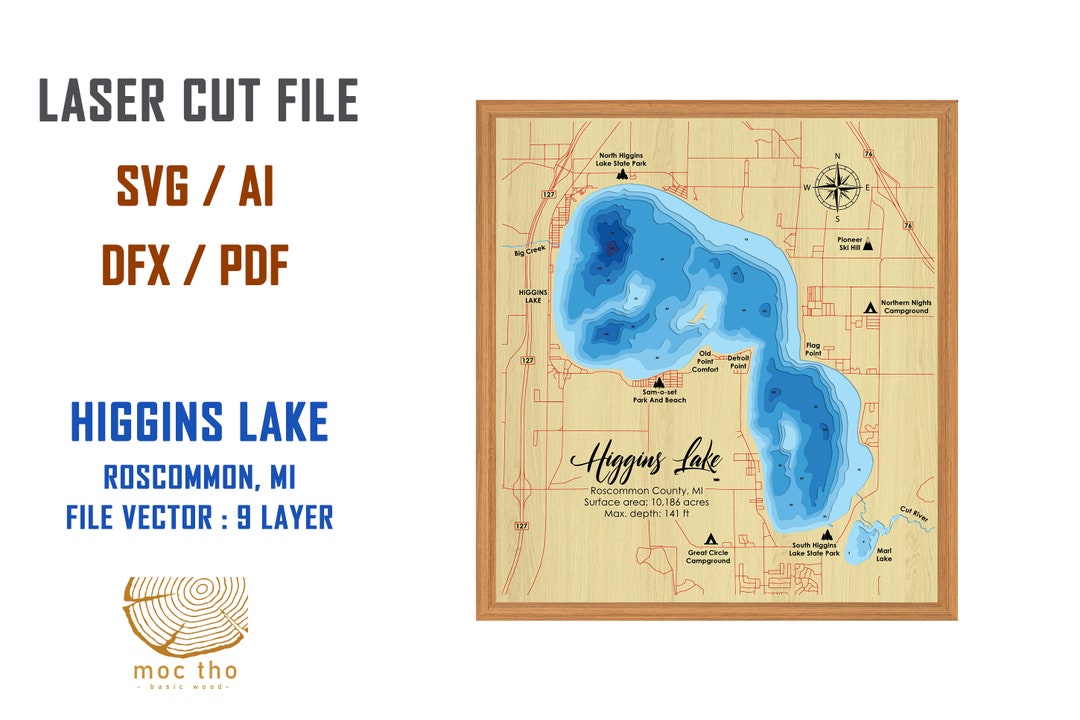 Digital File PDF, SVG - Higgins Lake Michigan Bathymetric Depth Layers ...