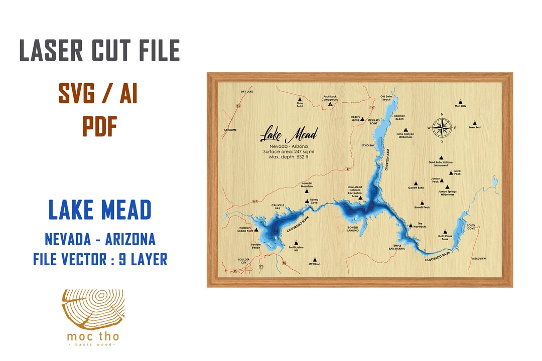 Digital File PDF, SVG - Lake Mead Nevada Arizona Map Bathymetric Depth ...