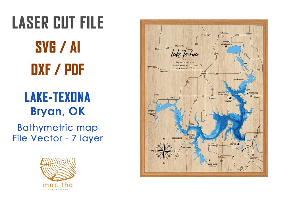 Digital File PDF, SVG - Lake Texoma Bryan Oklahoma, Bathymetric Depth ...